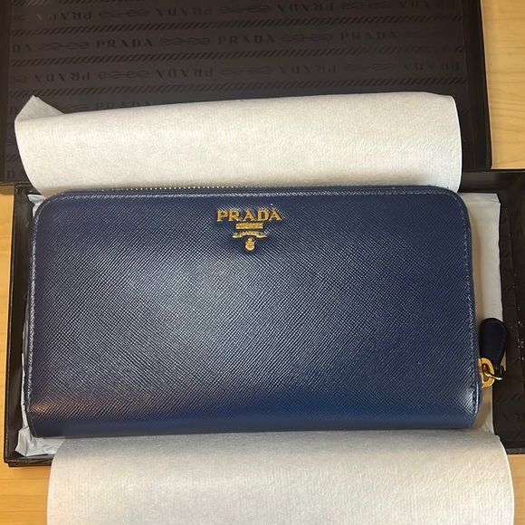 Prada | Bags | Prada Zippered Long Wallet Blue Color | Poshmark